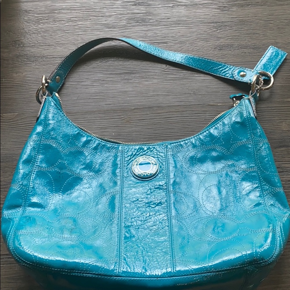 Coach Teal Patent Leather Satchel Bag - Gem